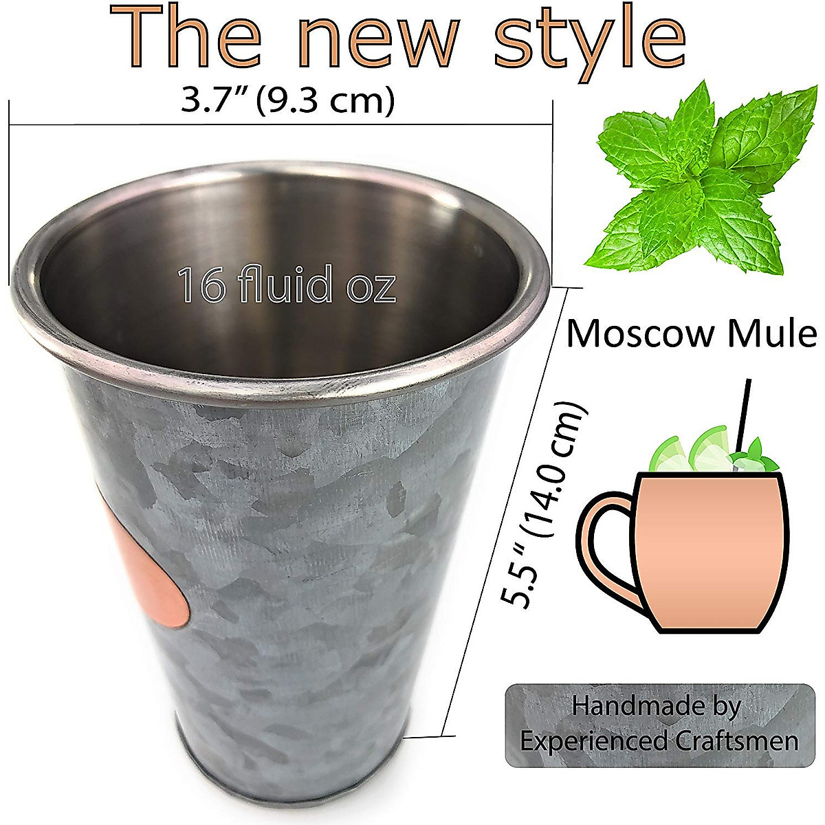 Galrose Galvanized Iron Mint Julep Cups - Set of 2 with Rose Gold Accents, Stainless Steel Lined Double Walled 16 oz Stylish Beer Glasses for Home Bars. Unique 6th Iron Anniversary or Birthday Gift