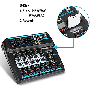 Viiart Wireless Audio Mixer Sound Board-6 Channel Digital Bluetooth USB Computer Compatible Input DJ Controller Sound Mixer 48V Phantom Power Microphone in,Headphone Jack Stereo DJ Streaming(M6)