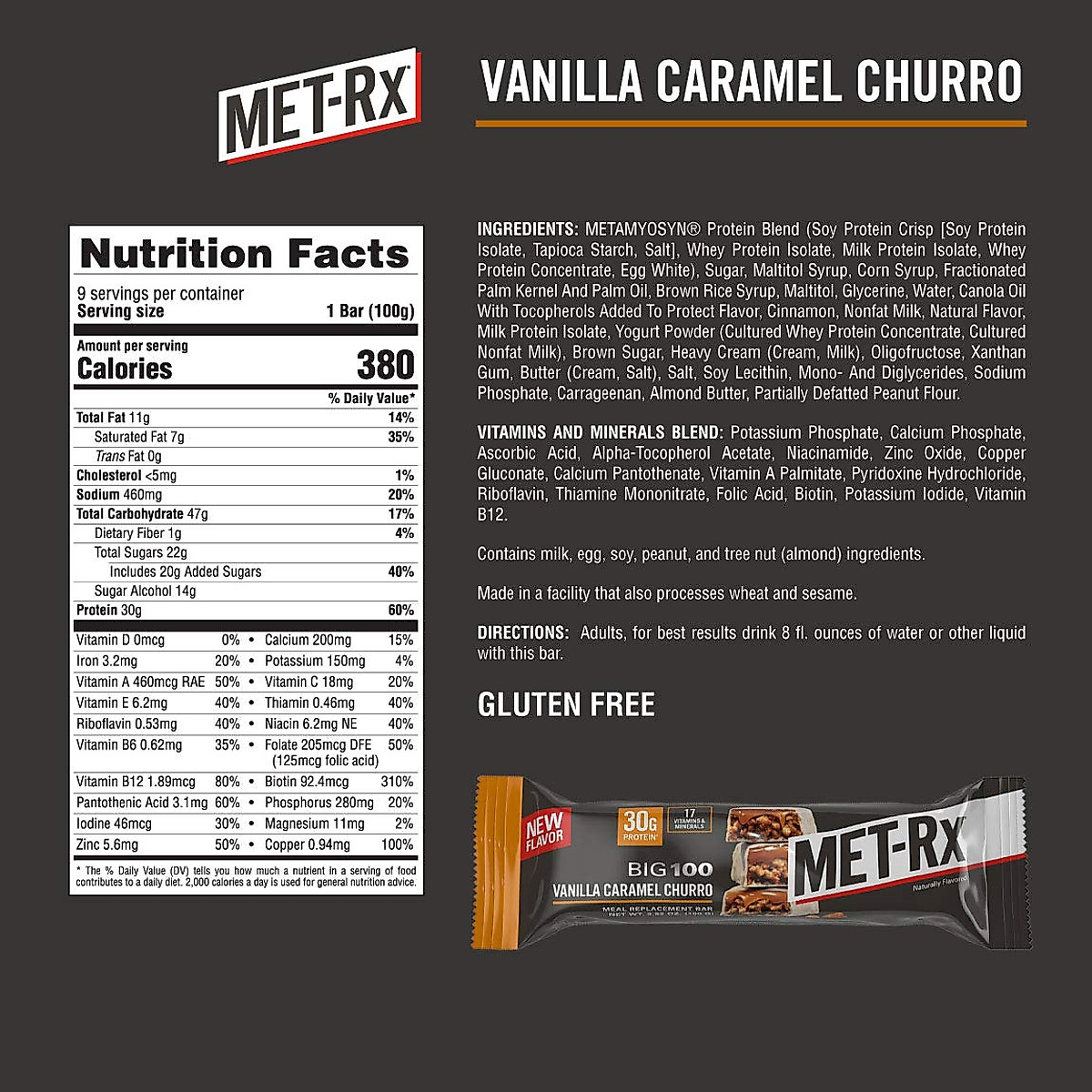 MET-Rx Big 100 Colossal Protein Bars, Vanilla Caramel Churro Meal Replacement Bars, Brown, 9 Count (Pack of 2)