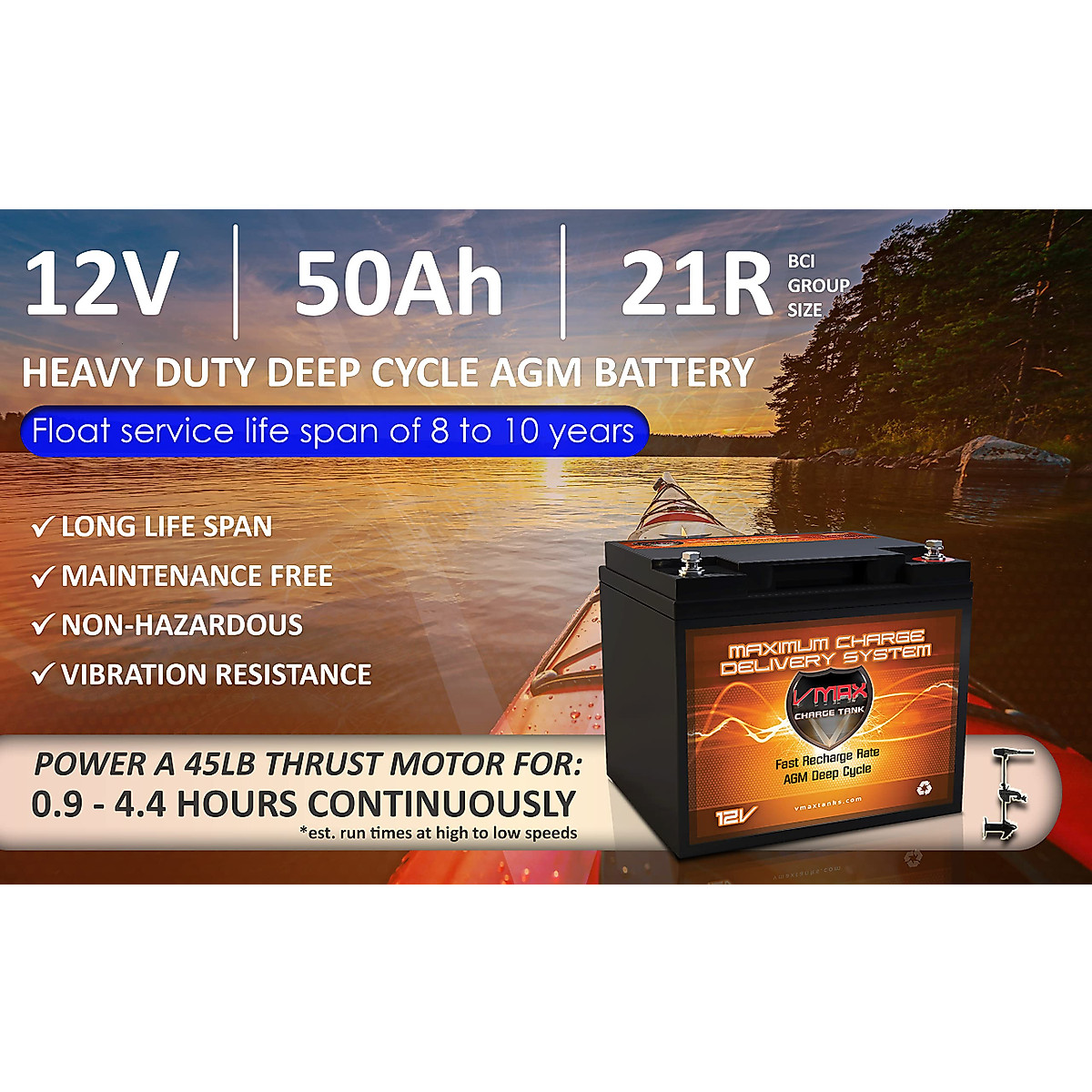 VMAX MR86-50 12V 50AH AGM Deep Cycle Battery (7.8"Lx6.6"Wx6.7"H) compatible with MotorGuide Bulldog 40 Freshwater TM Foot Control 12V, 40lb Trolling Motor