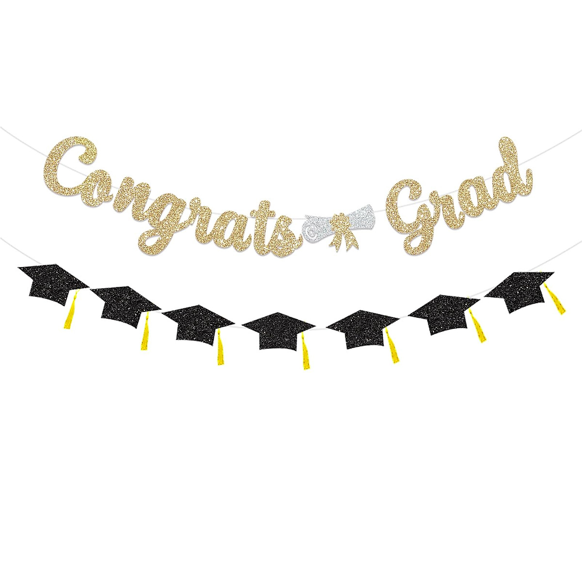 Glitter Gold Congrats Grad Decorations Banner Graduation Decorations Class of 2024 Banner Black Glitter Congrats Grad Graduation with Tassel Party Decor College High School Graduation Party Favors