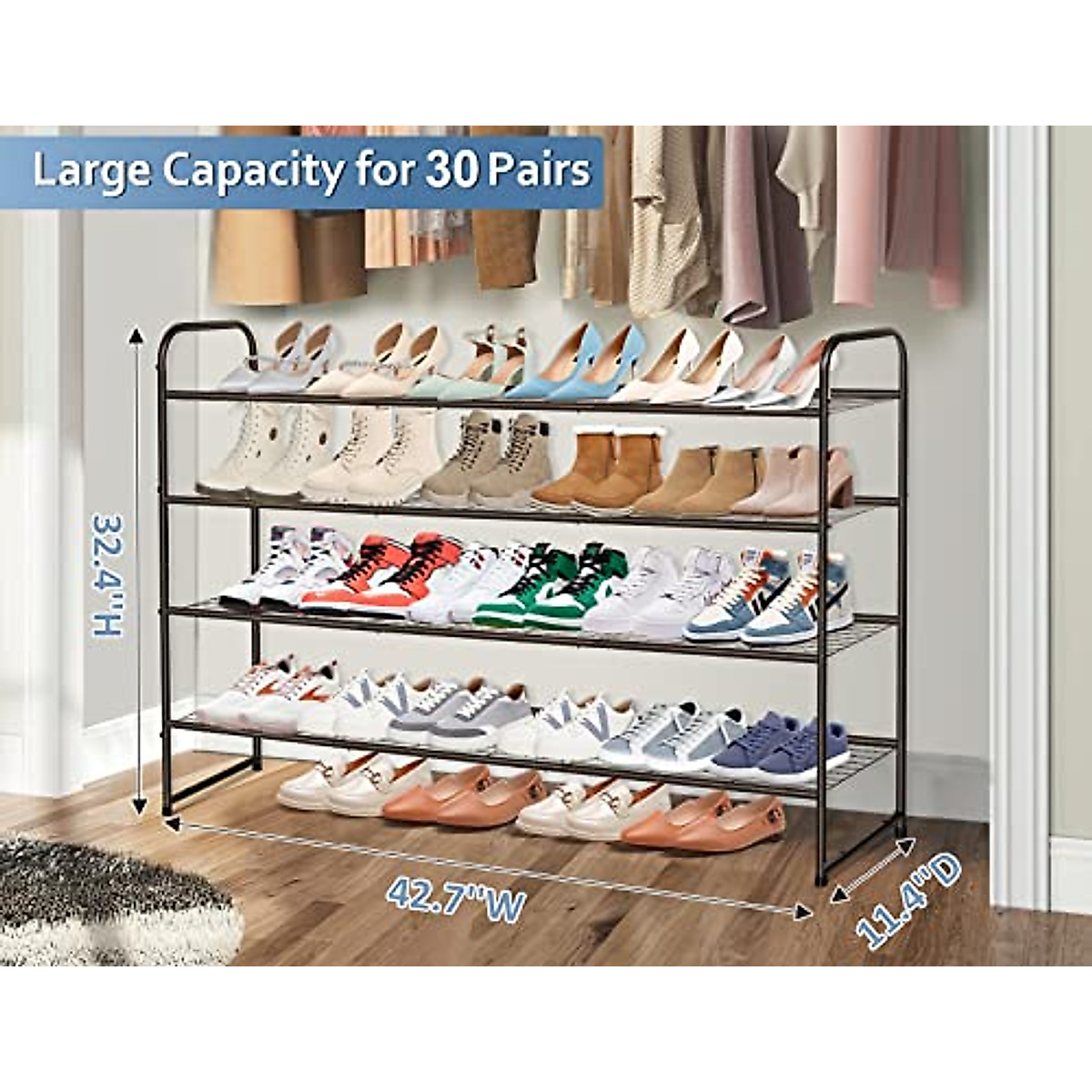 AOODA 4 Tier Long Shoe Organizer for Closet, Wide Stackable Metal Shoe Rack for Entryway, Bedroom, Floor, Shoe Shelf Storage Organizer Holds 30 Pairs of Men Sneakers (Bronze)