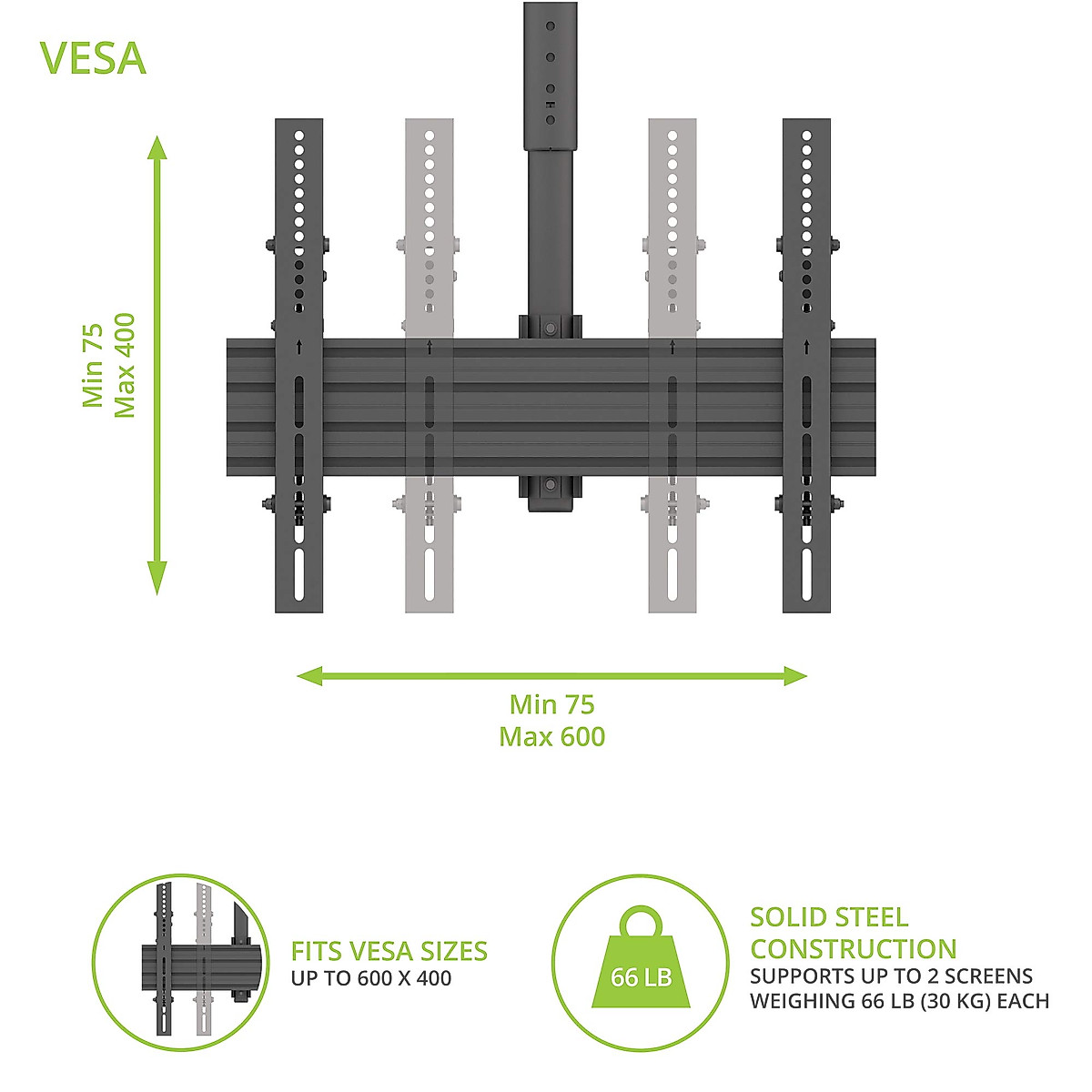 Kanto MBC211T Digital Signage Menu Board Ceiling Mount System with Tilting Arms for 40-Inch to 60-Inch TVs | Precision Leveling for Perfect TV Alignment | 2 TVs | Black