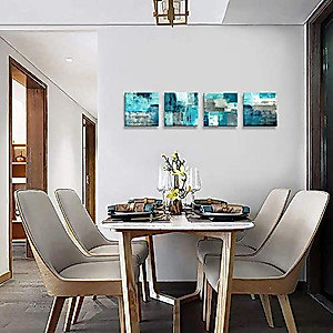 Abstract Wall Art Canvas Turquoise and Grey Abstract Art Painting Canvas Artwork Contemporary Wall Art for Bathroom Bedroom Living Room Kitchen Wall Decor 12" x 12" x 4 Pieces Canvas Prints