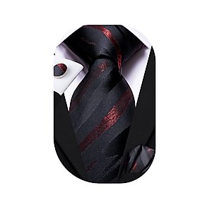 Dubulle Mens Paisley Striped Tie and Handkerchief Cufflinks Tie Set for Men Wedding Business Formal,Red Black