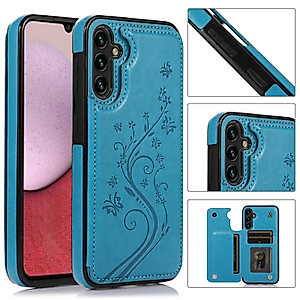 Asuwish Phone Case for Samsung Galaxy A14 5G with Tempered Glass Screen Protector Card Holder Wallet Cover Stand Flip Leather Cell Accessories Glaxay M14 A 14 4G 14A 14M G5 Cases Women Men Blue