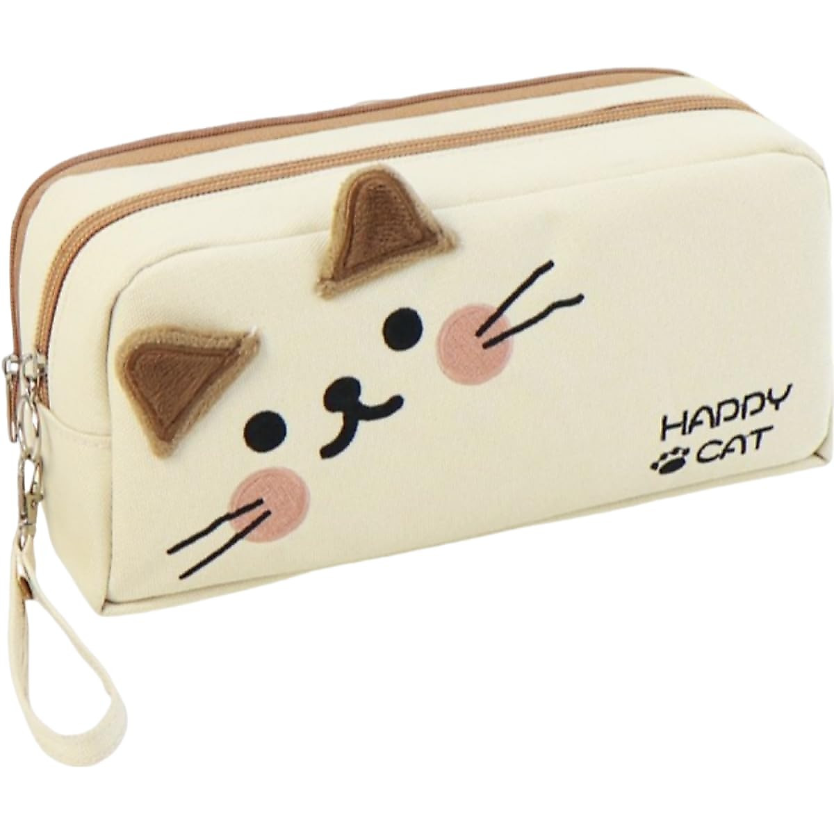 KGJGFX Doubel Layer Large Capacity Pencil Case with Embroidered Cats Grid Compartment of Pen Slots in Black & White Pen Holders Pen Pouch (Beige Cat with 3 Layers)