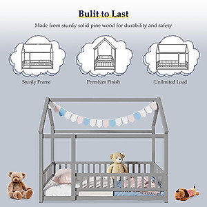 Tatub Twin House Floor Bed for Kids, Montessori Floor Bed with Rails, Floor Bed Frame with Roof, Wood House Bed for Girls & Boys, Twin-Grey