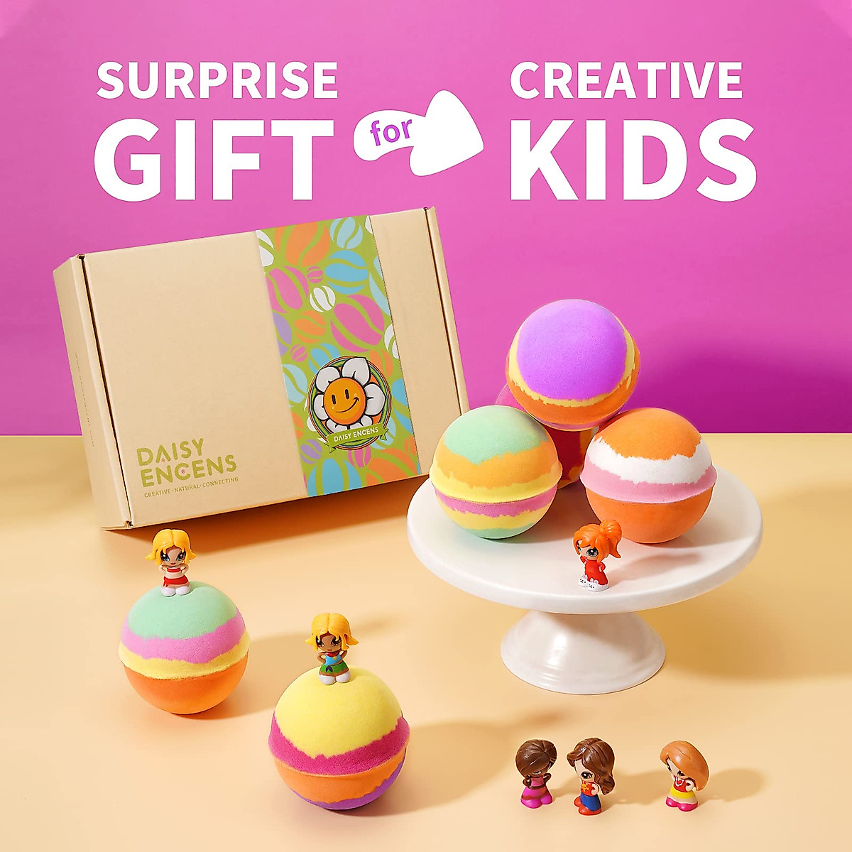 Daisy Encens Kids Bath Bombs with Toys Inside - Cheerleader in Training Gift Set Fun and Nourishing Bath Fizzies with Pure Essential Oils - Gift for Kids Gift for Girls- Moisturizing, All-Natural