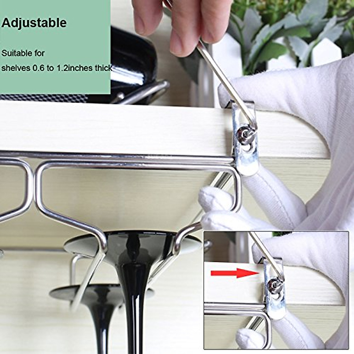 OLizee® Adjustable Stemware Rack Drill-Free Easy Installation Stainless Steel Wine Glass Hanger Under Cabinet, 3 Slot