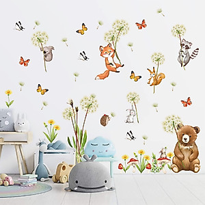 wondever Animals Dandelion Wall Stickers Bear Koala Fox Peel and Stick Wall Art Decals for Baby Nursery Kids Bedroom TV Wall