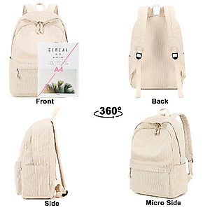 School Backpack for Teen Girls Bookbags Elementary High School Corduroy Laptop Bags Women Travel Daypacks (Beige)