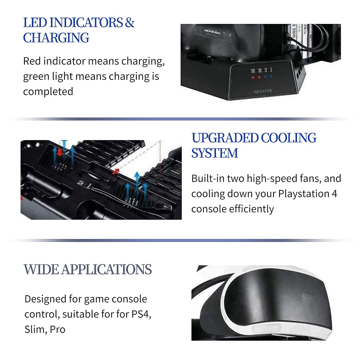 3 in 1 Multi Charging Stand with 2 Cooling Fans for PlayStation PRO/Slim/PS VR, Controller Docking Station Charger, 11 Card Slot, Vertical Stand PSVR Headset Bracket