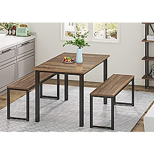 HOMOOI Dining Table Set for 4, 3 Pieces Kitchen Table with 2 Benches, Modern Wood Grains Table and Chairs Dinette Set for Home Kitchen, Dining Room, Restaurant, Industrial Brown