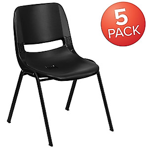 Flash Furniture 5 Pack HERCULES Series 661 lb. Capacity Black Ergonomic Shell Stack Chair with Black Frame and 16'' Seat Height