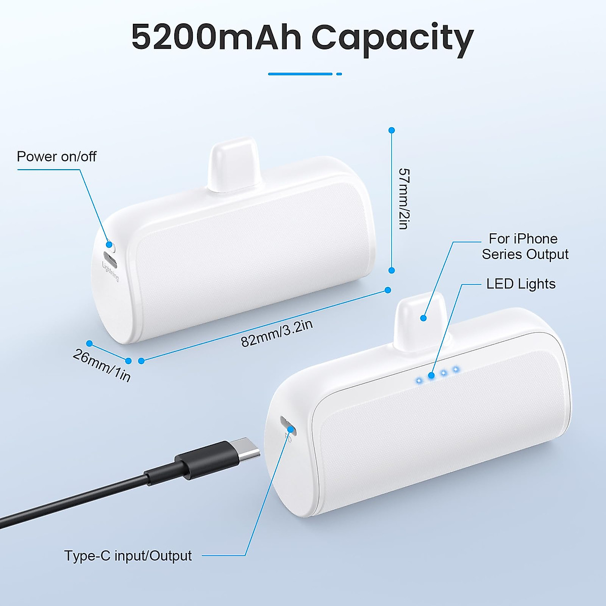 Mini Portable Charger Power Bank for iPhone,5200mAh Portable Phone Charger, Ultra-Compact PD Fast Charging Battery Pack Compatible with iPhone 14/14 Plus/Pro Max/13/12/12 Mini/11/XSXR/X/8/7/6/6s