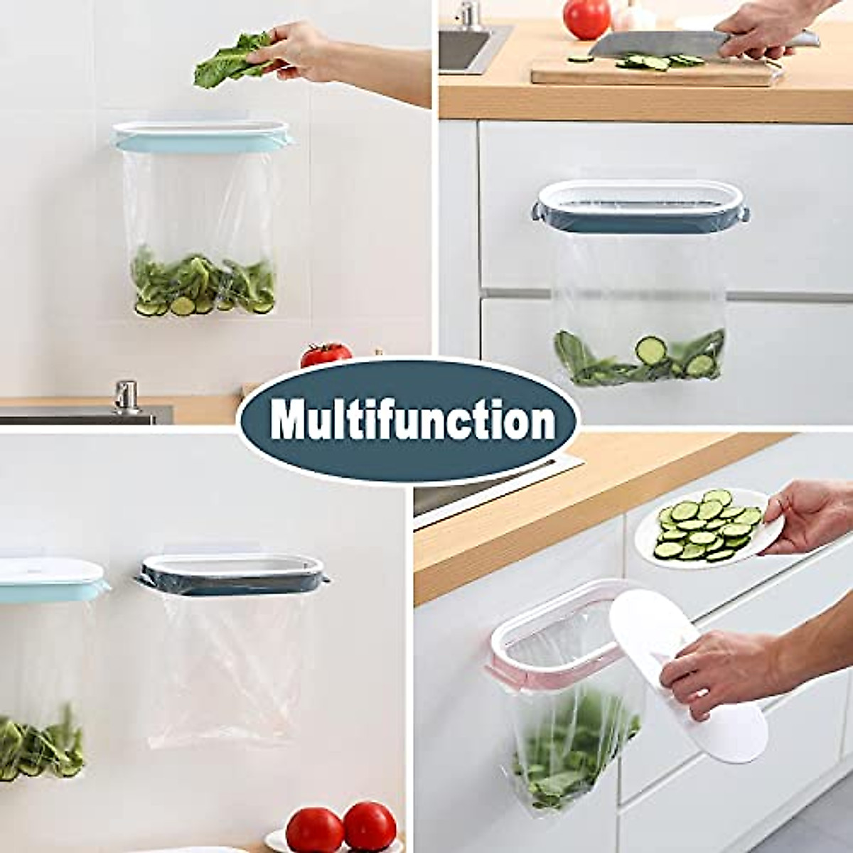 Pinelaxy 1pc Hanging Self-Adhesive Trash Bag Holder with Lid, with 3 Roll Drawstring Garbage Bags Set, Portable Cupboard Door Back Waste Bin Rack Storage (Self-Adhesive)