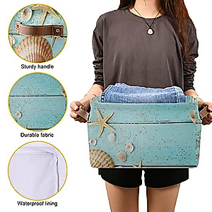 Canvas Storage Basket Beach Board Seashell Starfish Storage Bins Collapsible Organizer with Handles for Cupboards Shelves Nursery Wardrobe Clothes Toys Laundry Children Room