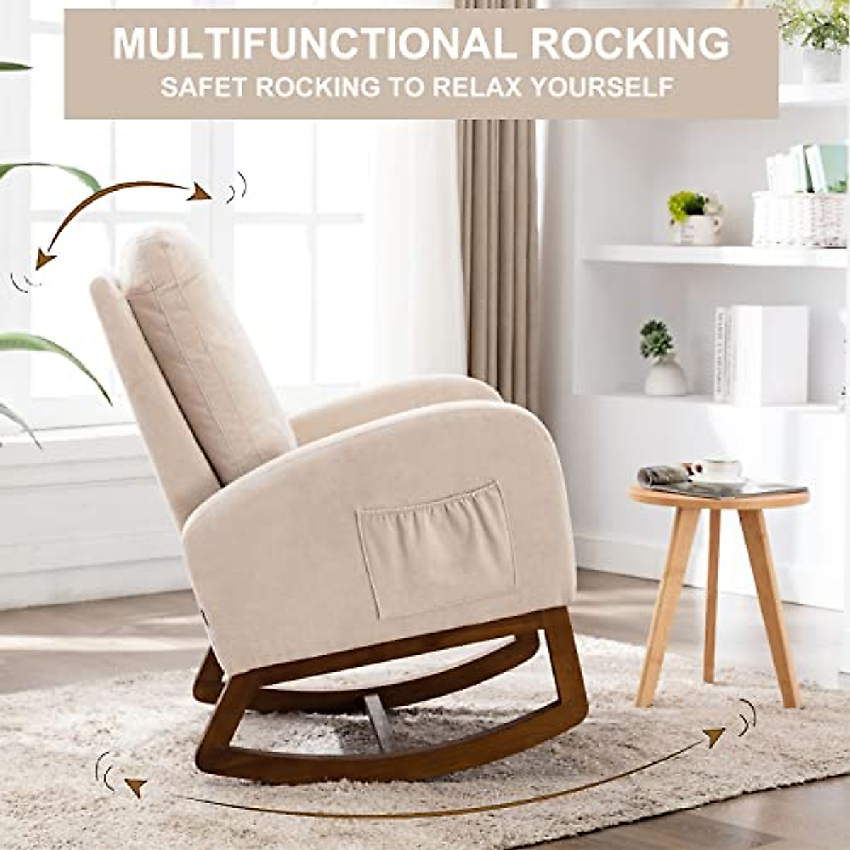 Nursery Rocking Chair,Upholstered Fabric Accent Armchair,Wooden Padded Seat with 2-Side Pocket,Nursing Chair with Rubber Wood Legs,Glider Chair for Nursery,Living Room,Home Office (Beige)