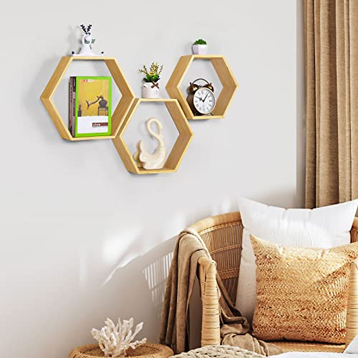 Floating Hexagon Shelves Set of 3 Hexagonal Storage Shelves Bedroom Bamboo Wall Honeycomb Floating Shelf Display Storage Rack for Wall Decor Hexagon Shelves for Living Room Hallway Farmhouse