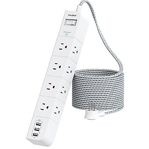 10 ft Extension Cord, Power Strip Surge Protector - 8 Widely AC Outlets 3 USB, Flat Plug, Desktop Charging Station with Overload Protection, Wall Mount for Home, Office, Travel, Computer ETL Listed