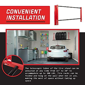 Stalwart Tire Rack - 32 to 50in Adjustable Tire Storage Rack - Wall Mounted Garage Shelving for Seasonal Tires - 300lb Capacity - Car Accessories