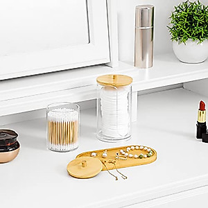 VITVITI Bathroom Cup Dispenser, Paper Cup Holder for Mouthwash Dispenser, Floss Cotton Swab Canister Cotton Ball Holder for Vanity with Bamboo Tray/Lid, Clear