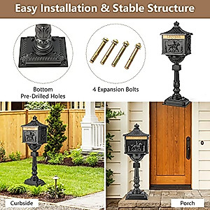 Giantex Cast Aluminum Mailbox with Post - Locking Residential Mailboxes for Outside with Keys, Baffle Door, Expansion Bolts, Address Panel, In-Ground Rust-Proof Large Security Postal Mailbox (Black)