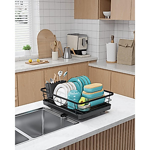 Sakugi Dish Drying Rack - Compact Dish Rack for Kitchen Counter with a Cutlery Holder, Durable Stainless Steel Kitchen Dish Rack for Various Tableware, Dish Drying Rack with Easy Installation, Black