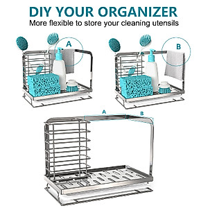 FavoThings Kitchen Sink Caddy Sponge Holder Dish Brush Storage with Drain Tray, SUS304 Stainless Steel, Countertop Sponge Brush Rags Soap Holder, Silver