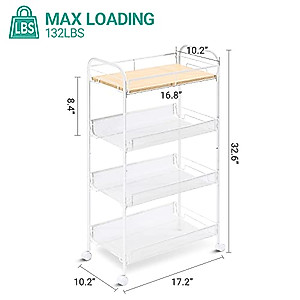 KINGRACK 4-Tier Rolling Cart,Metal Utility Cart with Wooden Tabletop,Easy Assemble Mobile Storage Trolley On Wheels,Craft Storage Cart for Bedroom Kid's Room Office Kitchen Bathroom,White