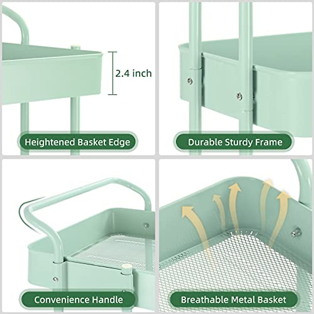 TOOLF 3 Tier Metal Rolling Cart, Utility Cart with Handle, Multifunction Storage Cart with Lockable Wheels, Serving Organizer Trolley with Mesh Basket for Kitchen, Bathroom, Office