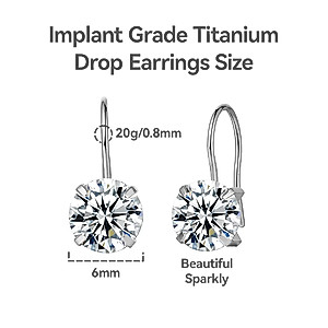 Limerencia Hypoallergenic Pure Titanium Cubic Zirconia Dangle Hoop Earrings,Lightweight Drop Earrings Round bright zirconia size 8 mm (5/16inch) for Sensitive Ears Women (6 mm, Silver)