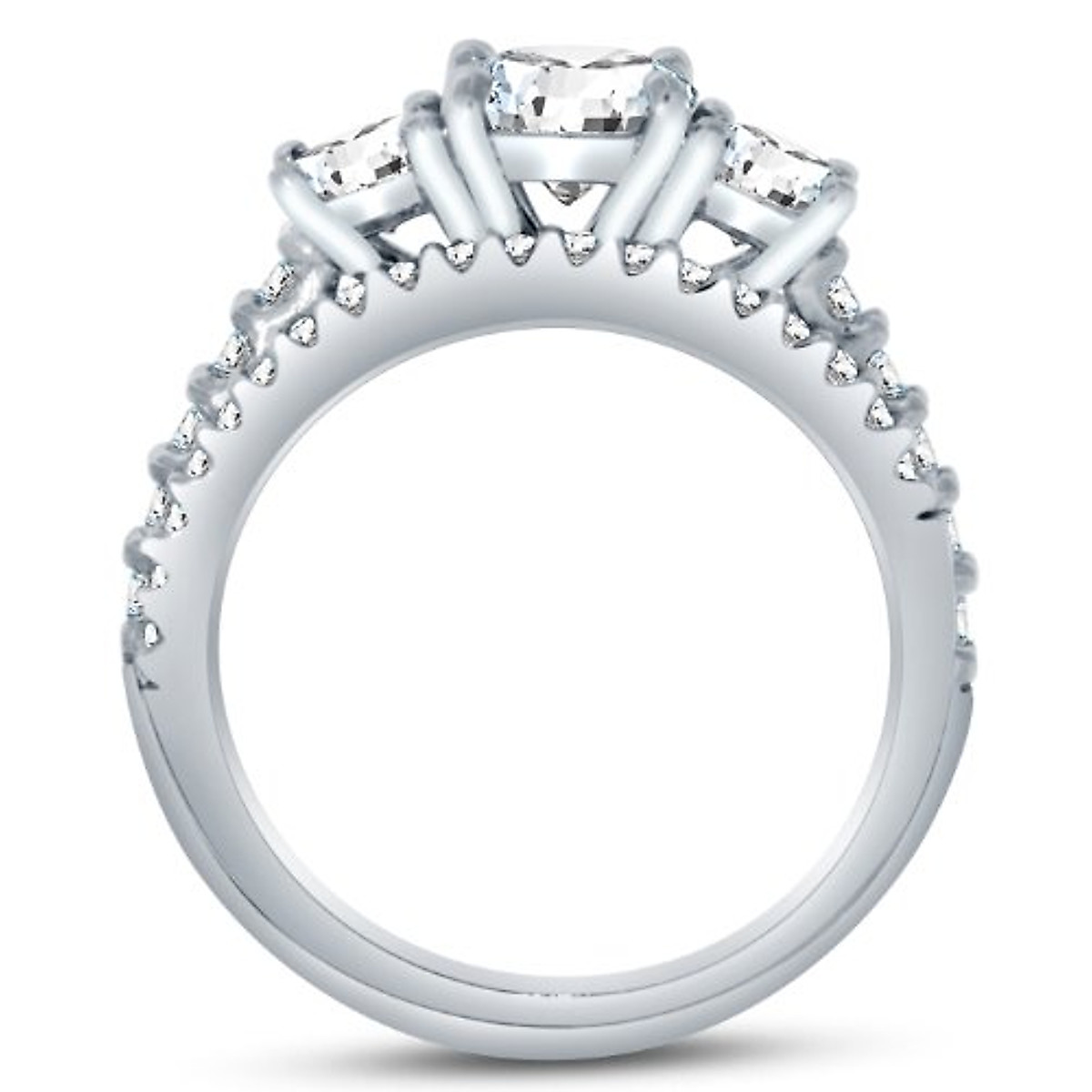 Solid 14k White Gold CZ Cubic Zirconia 3 Three Stone Bridal Engagement Ring w/Matching Wedding Band Two Ring Set - Round Brilliant Cut Solitaire with Round Side Stones (3.0cttw, 1.0ct. Center)