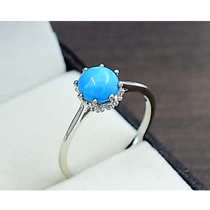 Natural Blue Sleeping Beauty Turquoise Cabochon Gemstone 7 MM Round 925 Sterling Silver December Birthstone Solitaire Unisex Proposal Ring For Engagement Gift (Rhodium Plated Silver, 7.5)