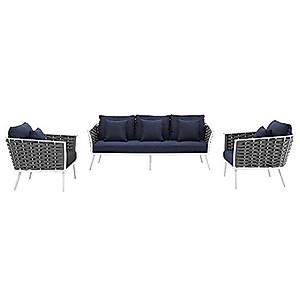 Modway EEI-3165-WHI-NAV-SET Stance Outdoor Patio Aluminum, Sofa and Two Armchairs, White Navy