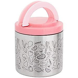 Juvale Insulated Food Container with Pink Handles and Cute Black Script Food Designs, Perfect for Hot and Cold Food, Soups, Stew, Fruit, Nuts, Leftovers, Lunch, Travel (22oz)