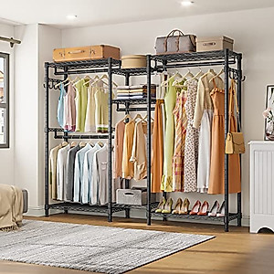 JustRoomy Heavy Duty Clothes Rack for Hanging Clothes, Large Garment Rack with Shelves Portable Closet Wardrobe Rack Freestanding Adjustable Metal Clothing Rack for Bedroom, Max Load 800 Lbs, Black