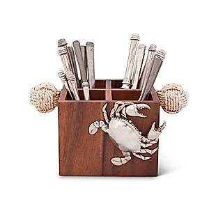 Vagabond House Caddy Square Acacia Wood Flatware / Serve ware / Utensil / Carry-All Holder with Solid Pewter Crab Accent and Real Rope Handles, 4 Compartments 11 inch x 8 inch