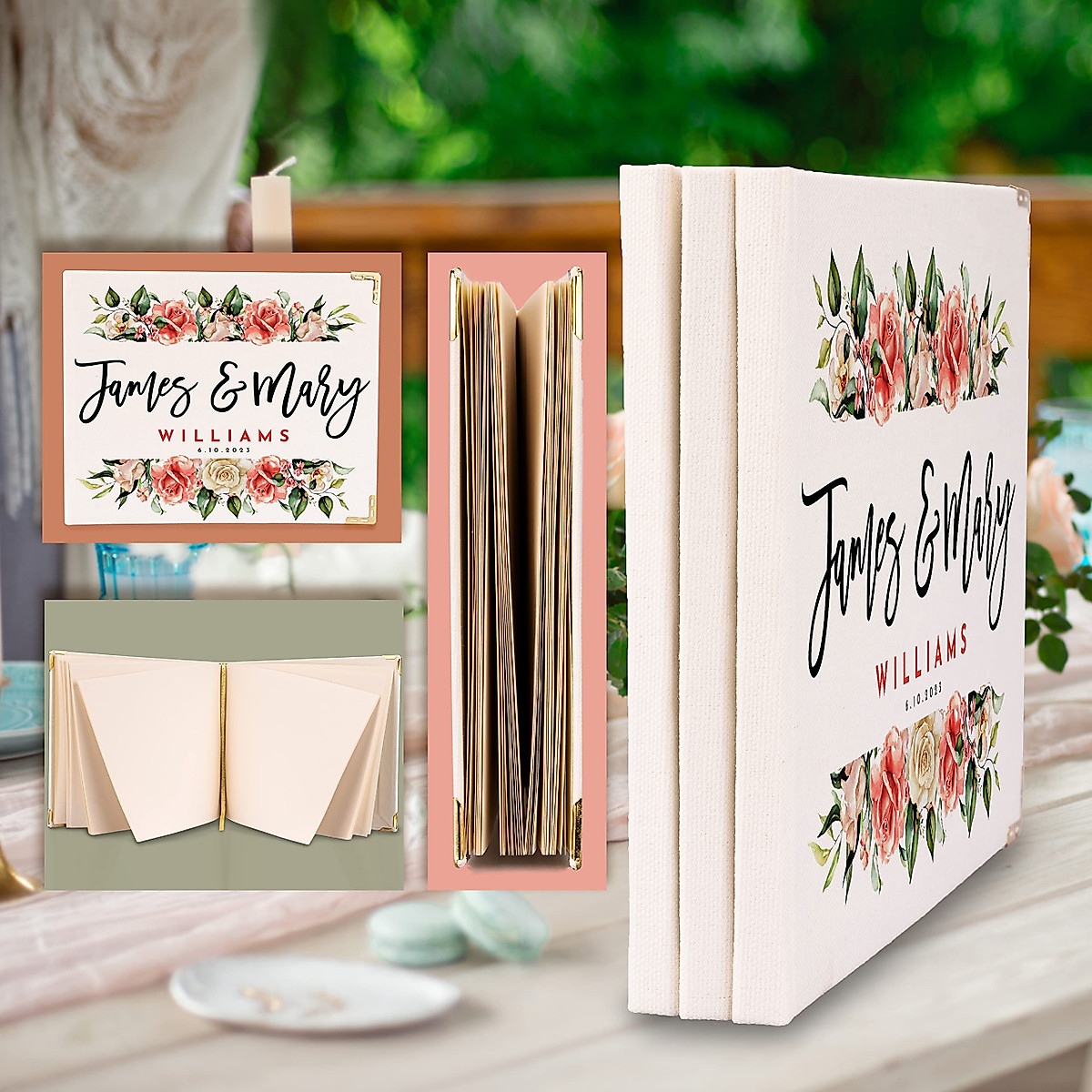 Personalized Wedding Guestbook w/Bride and Groom Name & Text & Date - 8 Floral Design 9"x7" Inches - Customized Hardcover Canvas Guest Book Registry Sign-in Gifts, Custom Large Signing Books Gift C1