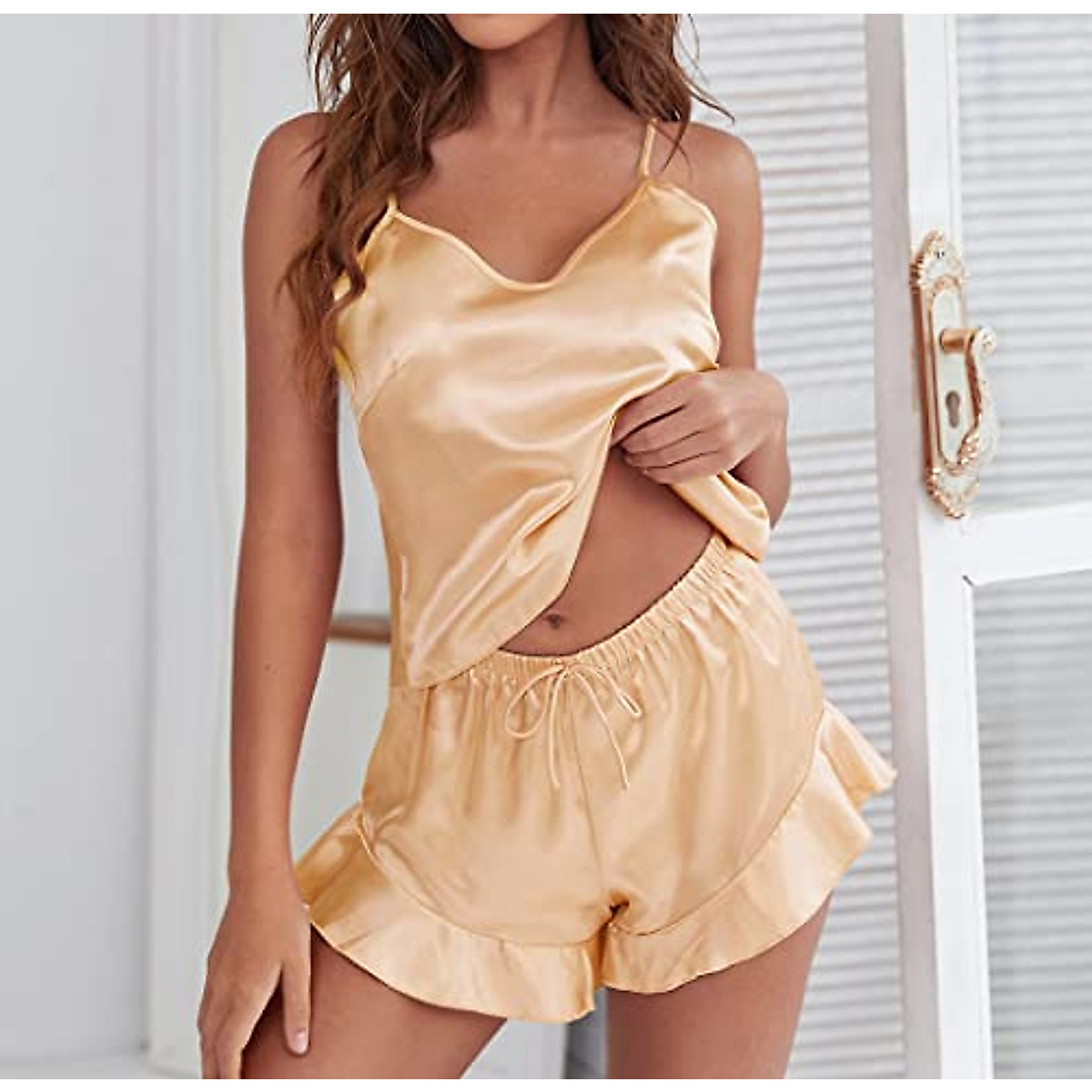 Swibow Women's Silk Satin Ruffled Pajamas Sets 2 Piece Pjs Sets Sleepwear (Champagne, X-Large)