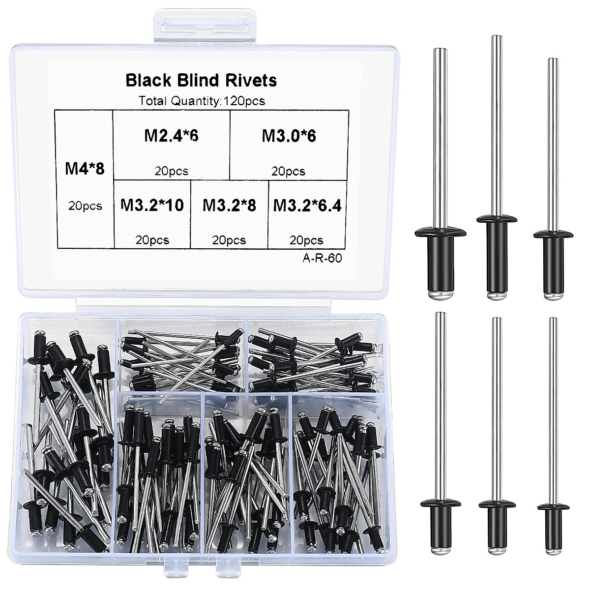 120Pcs Black Pop Rivets Assortment Kit - 6 SAE Sizes Aluminum Blind Rivets, Strong and Durable Assorted Blind Rivets, Blind Rivets Assortment Kit with Labeled Storage Case