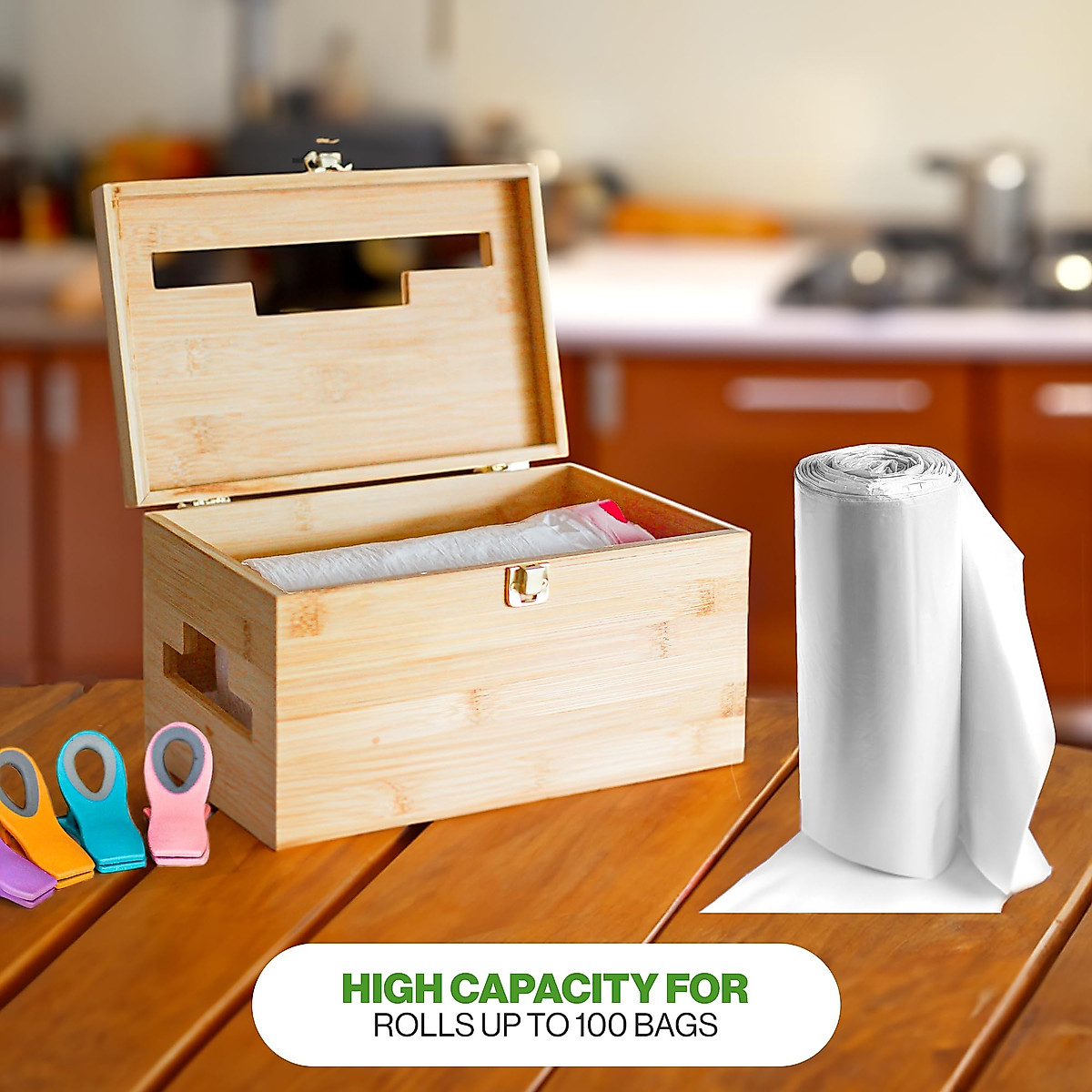 Trash Bag Dispenser – Extra Large Garbage Bag Roll Holder Storage Under Sink - Kitchen Bag Container Organizer - Includes Set of 4 Magnetic Clips