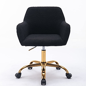 SSLine Faux Fur Vanity Chair Elegant Black Furry Makeup Desk Chairs for Girls Women Modern Comfy Fluffy Arm Chair with Gold Wheels in Bedroom Living Room