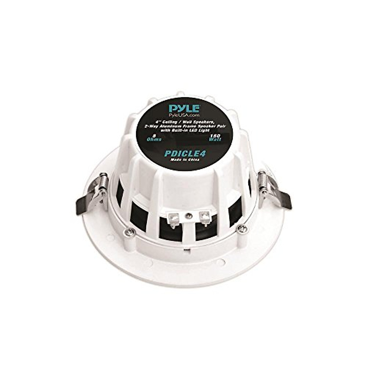 Pyle 4” Pair Flush Mount in-Wall in-Ceiling 2-Way Home Speaker System Built-in LED Lights Aluminum Housing Spring Clips Polypropylene Cone & Tweeter 2 Ch Amplifier 160 Watts (PDICLE4),White