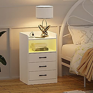 SUPERJARE Nightstand with LED Strip Light and Charging Station - 3 Drawers Bedroom End Table, 2 USB Ports, 2 Outlets, Bed Side Table with Remote, Open Storage, Metal Handles - White