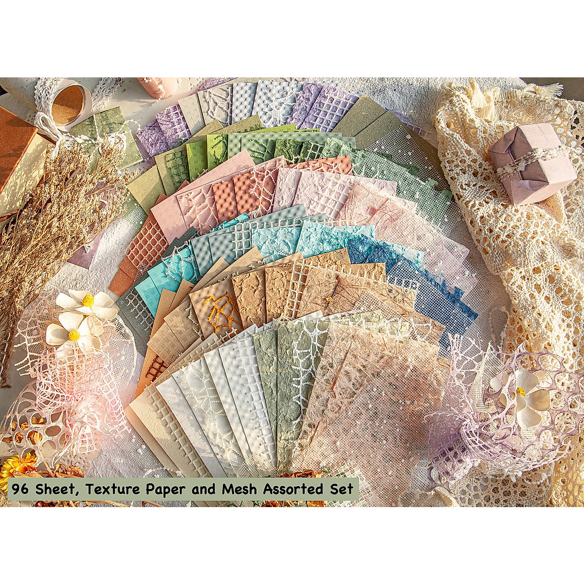 96 Sheets Textured Scrapbook Paper and Mesh Fabric Assorted Set - 6 Pack Mixed Special Paper for Scrapbooking Planner Bullet Junk Journal Supplies Mixed Media Collage Card Embellishments 3.9x5.5 Inch