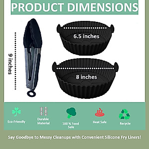 HOMETOPIA (Pack of 3) 2 Air Fryer Silicone Liners 8″&6.5″, 1 Tong, Nonstick & Reusable Baking Tray Oven Accessories, Replacement of Flammable Parchment Paper, Suitable for 3-5 QT Air Fryer (Black)