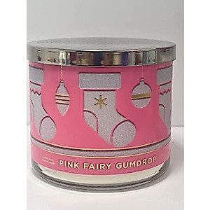 Bath & Body Works Pink Fairy Gumdrop 3 Wick Candle 14.5 Ounce Pink Label with Stockings and Ornaments