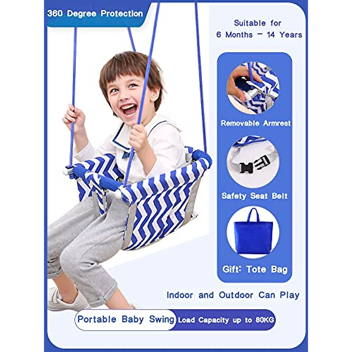 Toddler Baby Swing Seat with Heavy Duty Rope Play Secure Kids Swing Set, Secure Soft Canvas with Seat Belt for 6Months-14Years Old